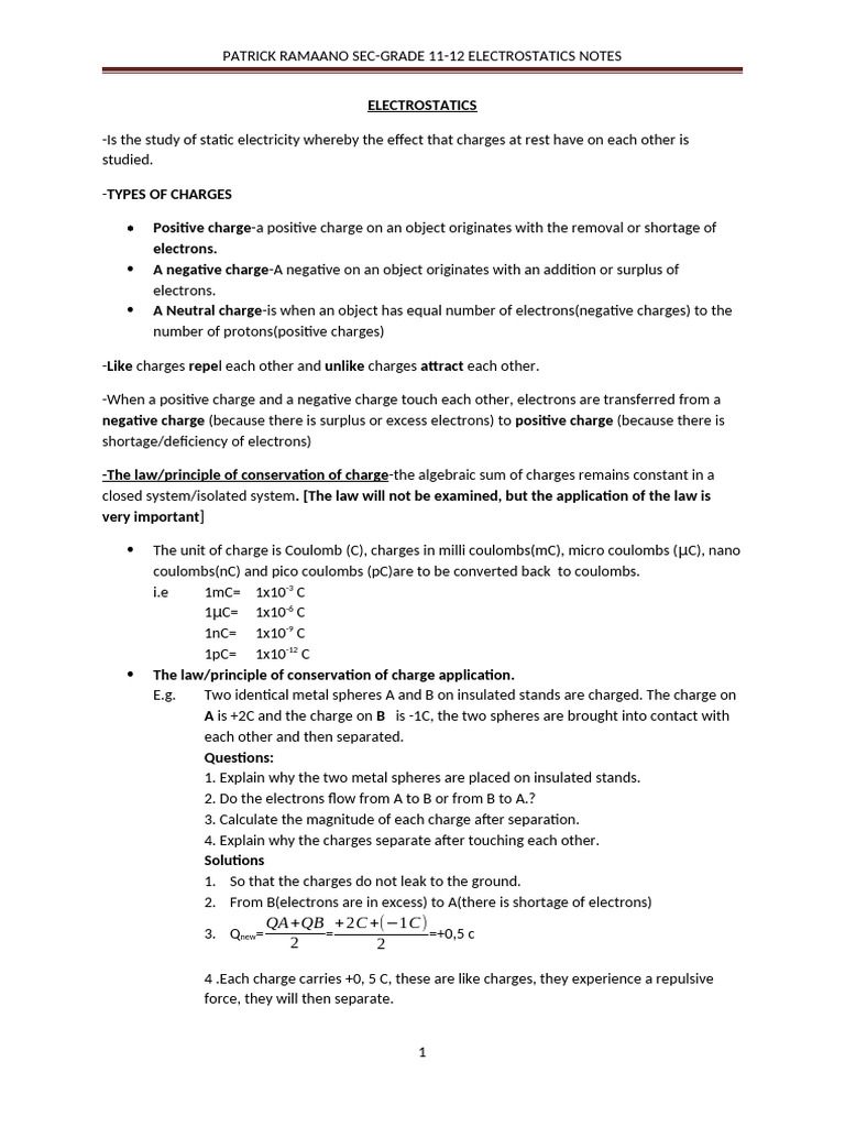 Electrostatics Notes - 2021 | PDF | Electric Charge | Electrostatics