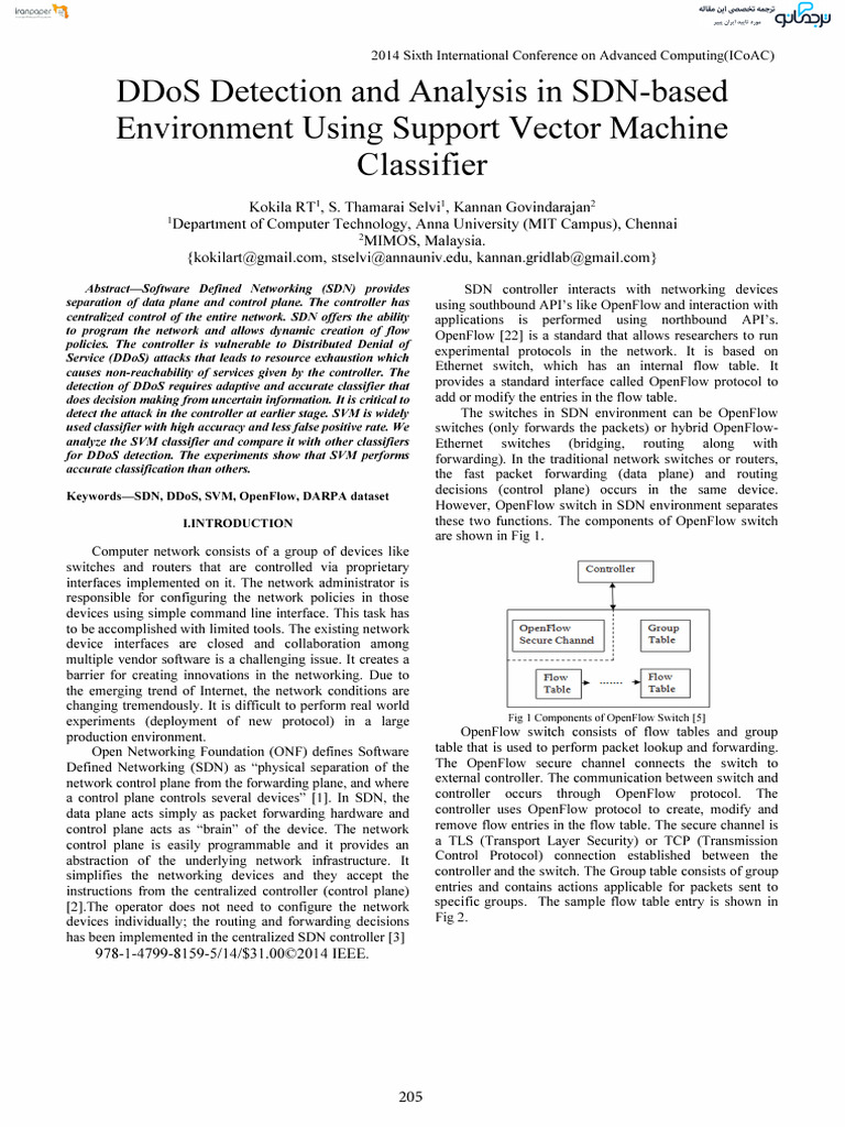 Ddos Detection and Analysis in Sdn-Based Environment Using Support Vector Machine Classifier ...