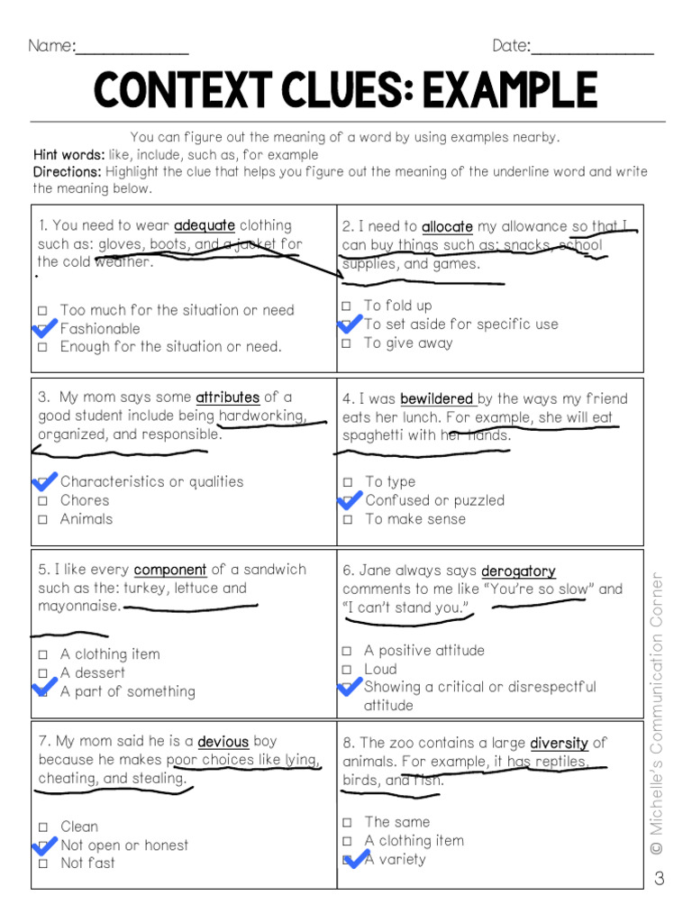 7th Grade Context Clues Worksheet EXAMPLE | PDF