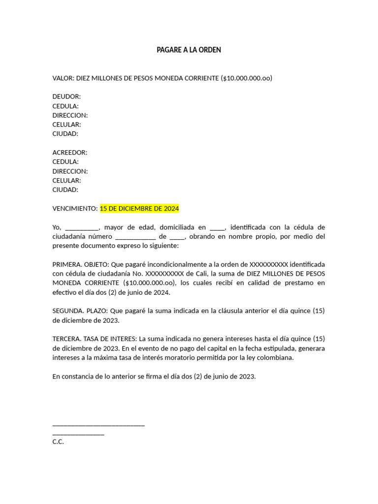 Pagaré a la Orden por $10 Millones | PDF