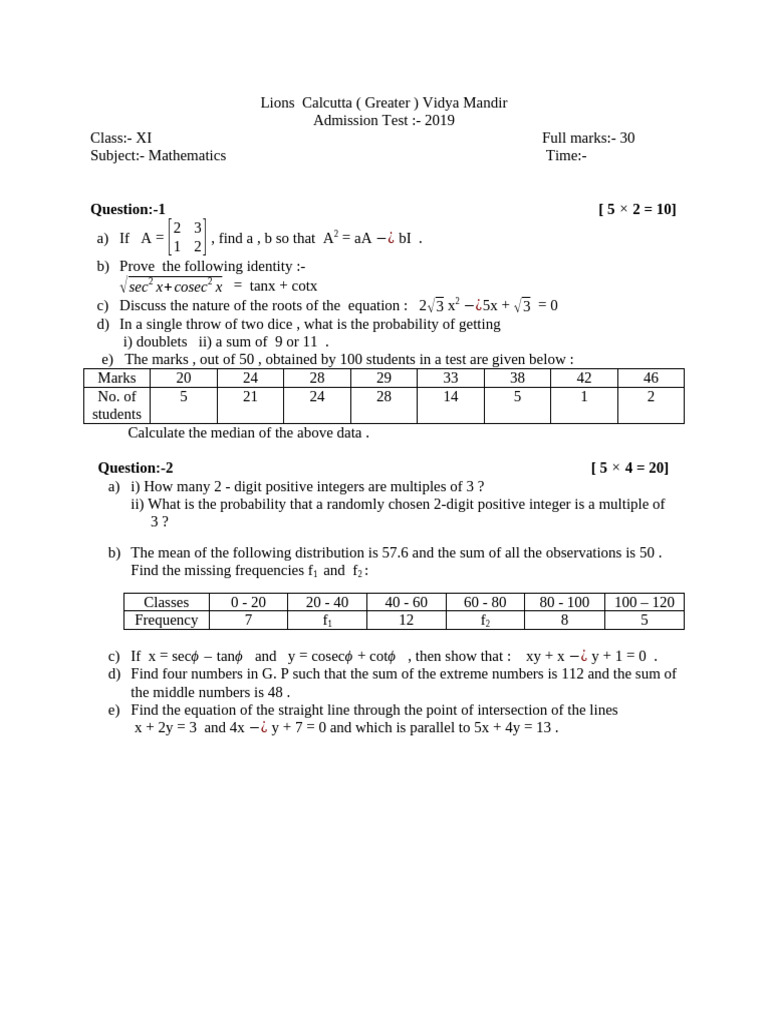 admission test_xi_math_2019 (2) | PDF