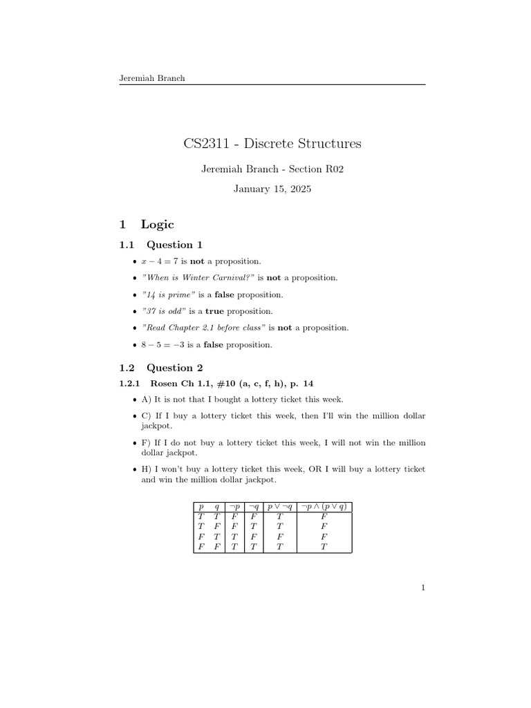 CS2311 - Jeremiah Branch - HW1 | PDF | Syntax (Logic) | Mathematical Logic