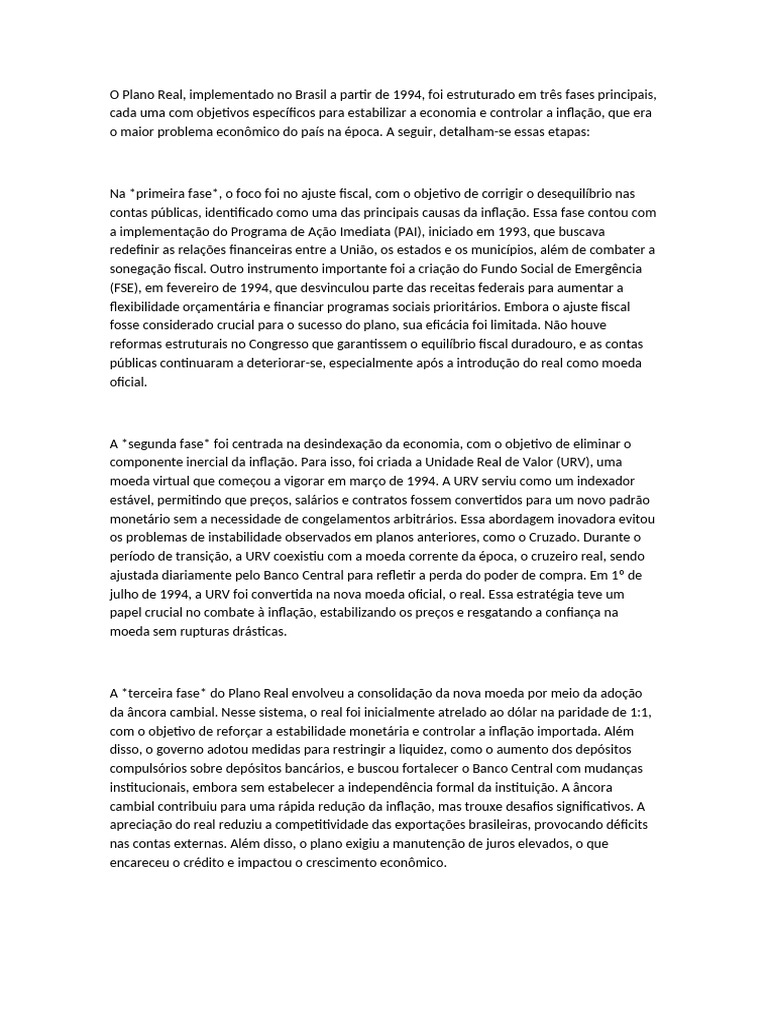 Resumo do Plano Real: Fases e Impactos | PDF | Inflação | Economias