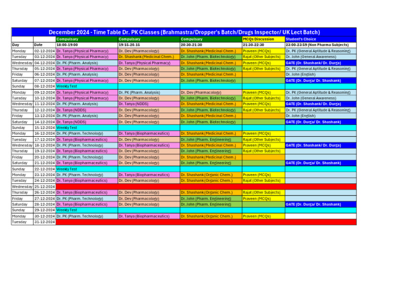 December - Time Table-1 | PDF | Biology | Biotechnology