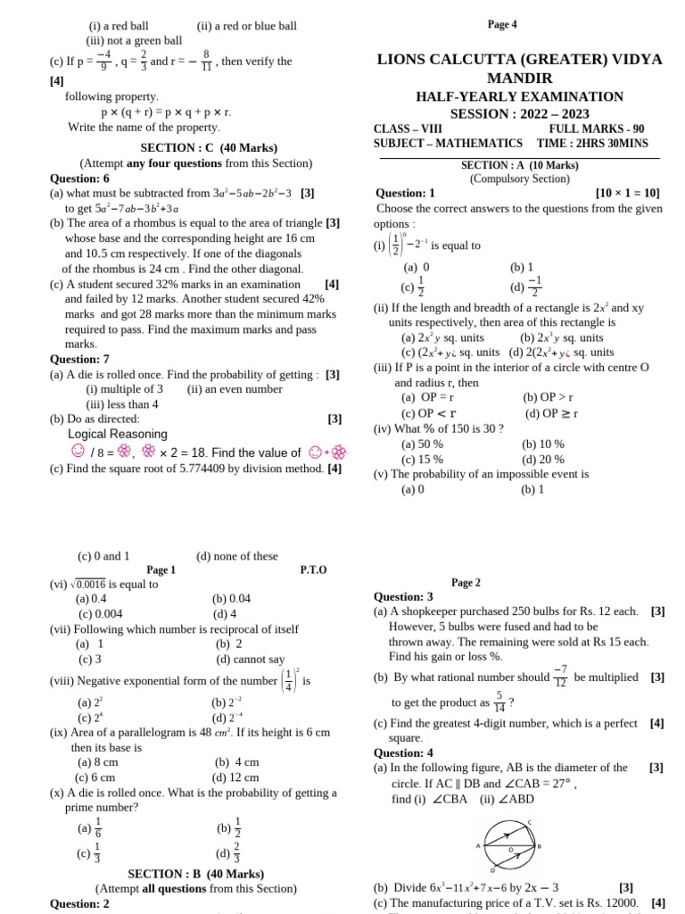 Class 8 Maths HY Ques by TKG | PDF | Area | Mathematics