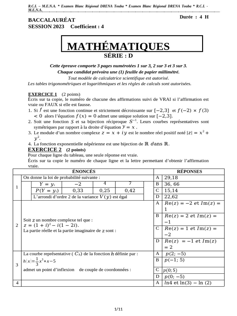 Sujet Et Corrigé Série D BAC BLANC Drena TOUBA | PDF | Asymptote ...