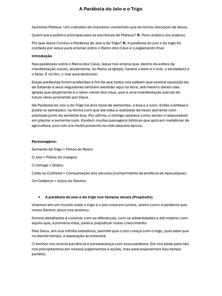 Parábola do Joio e do Trigo: Lições de Fé | PDF | Jesus | O Reino de Deus