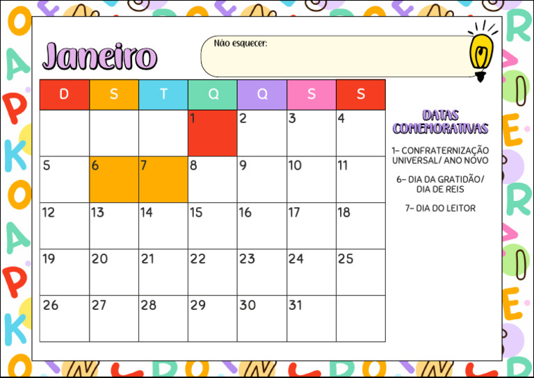 Calendario-Datas-comemorativas-2025-JANEIRO | PDF