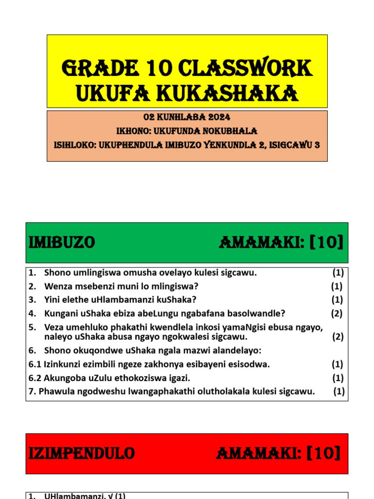 Ukufa Kukashaka Grade 10 Classwork | PDF