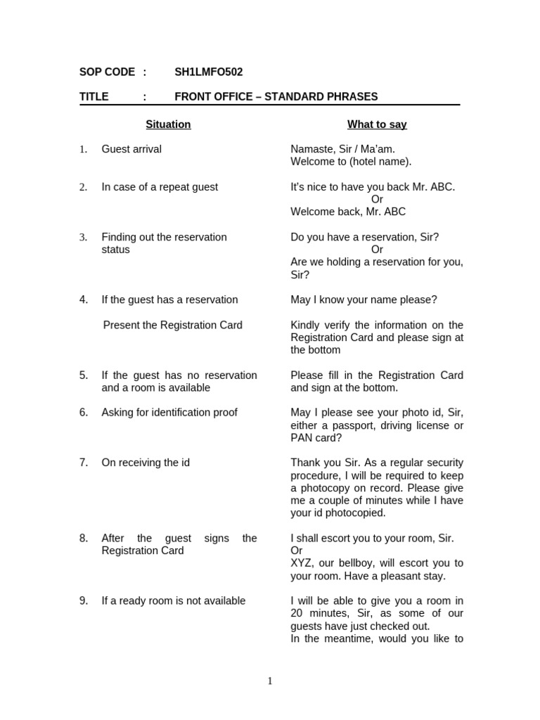 SH1LMFO502 - Front Office - Standard Phrases | PDF | Identity Document