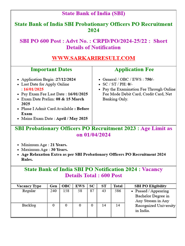 SBI Probationary Officers PO Online Form 2024 For 600 Post | PDF