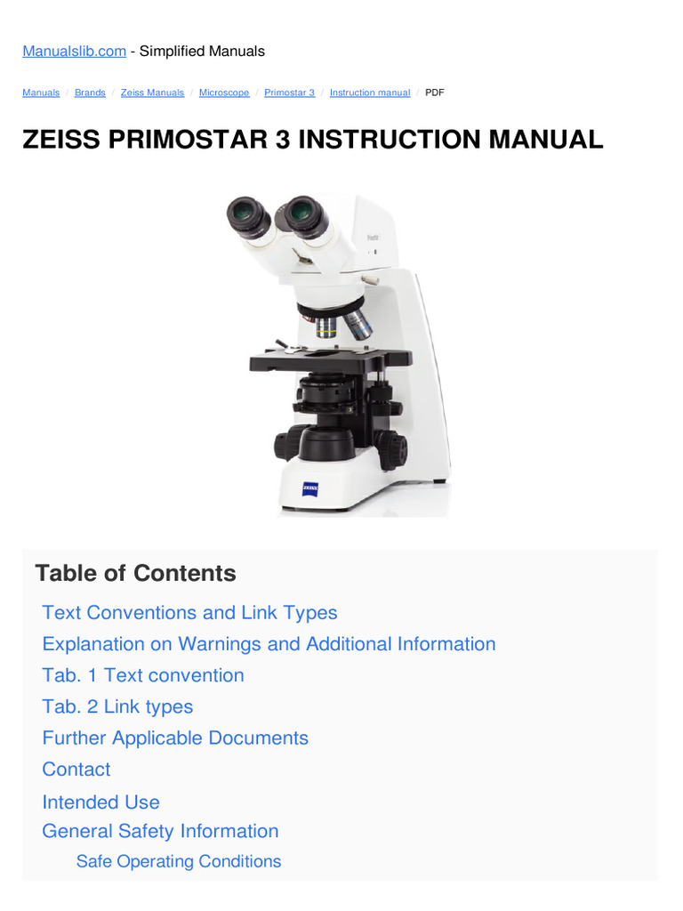 Manual de Usuario Microscopio Carl Zeiss Primo Star 3 | PDF ...