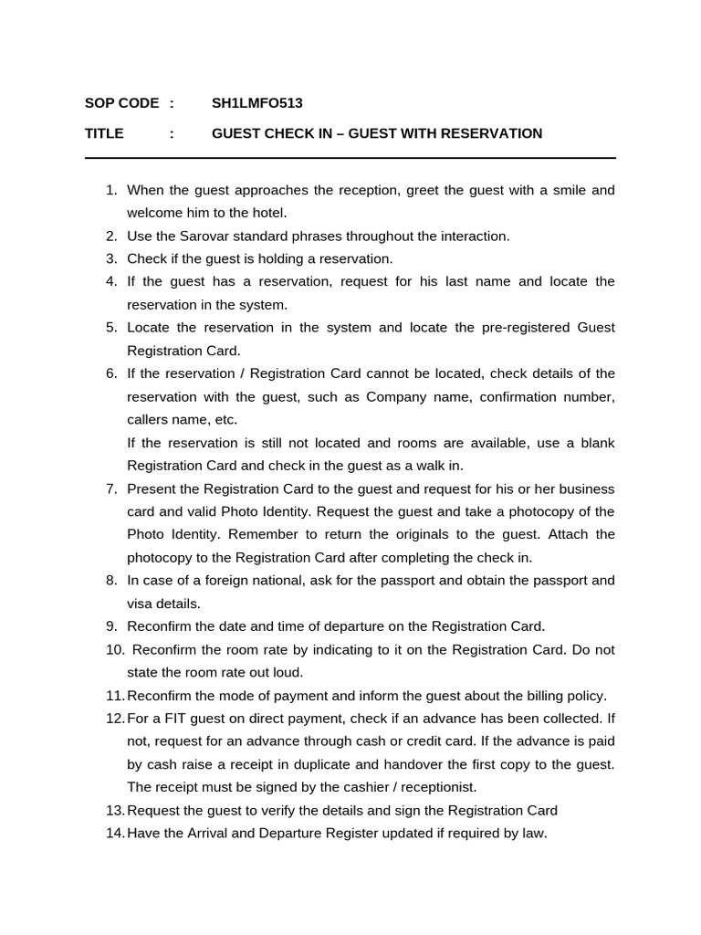 Guest Check-In Procedure for Reservations | PDF