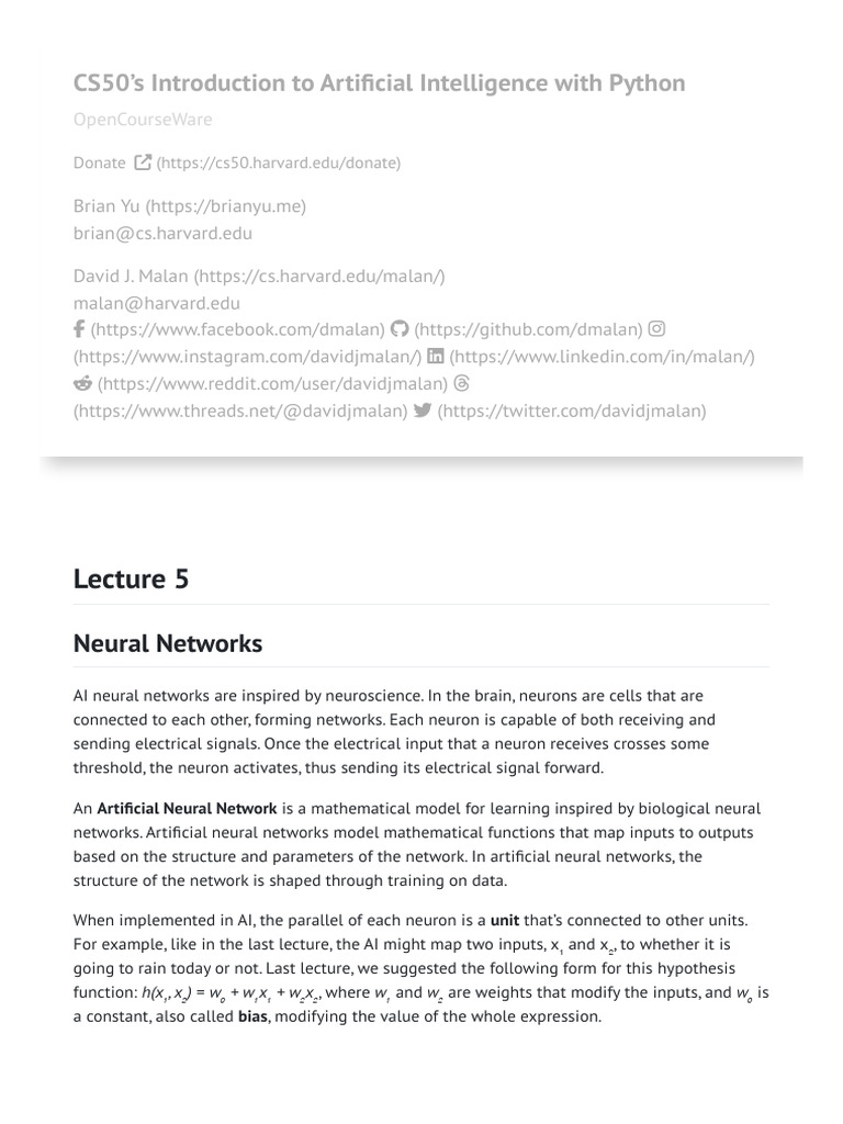 Lecture 5 - CS50's Introduction To Artificial Intelligence With Python | PDF | Artificial Neural ...