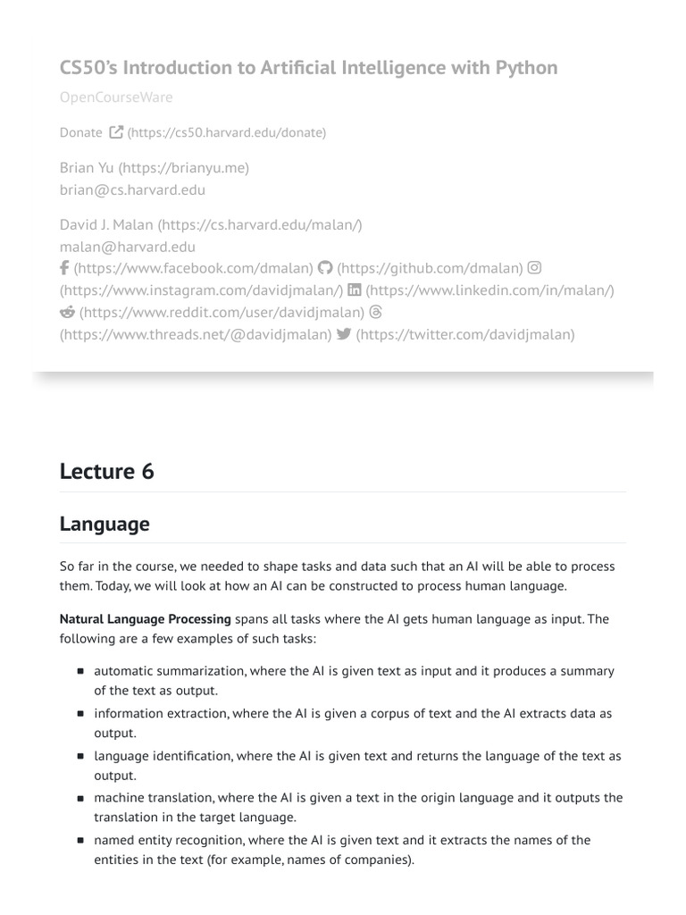 Lecture 6 - CS50's Introduction To Artificial Intelligence With Python | PDF | Phrase | Parsing