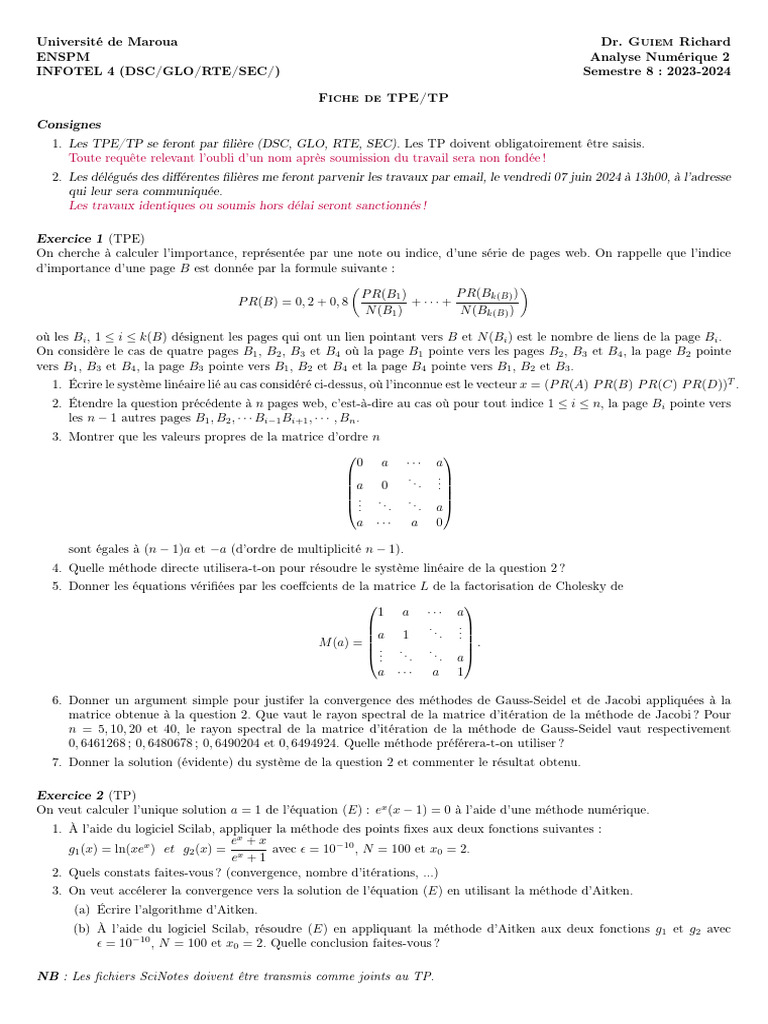 Fiche de TPE-TP Analyse-Numerique-2!23!24 Uma | PDF | Matrice (Mathématiques) | Mathématiques de ...