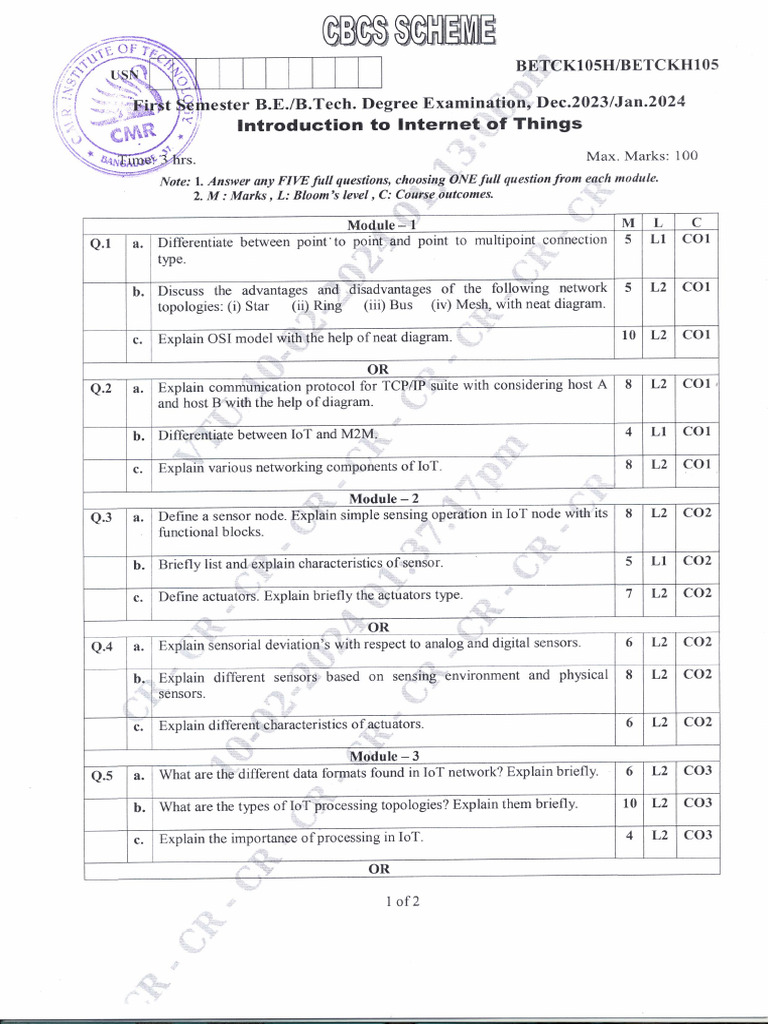VTU Question Paper of BETCK105H Introduction to Internet of Things (IoT ...