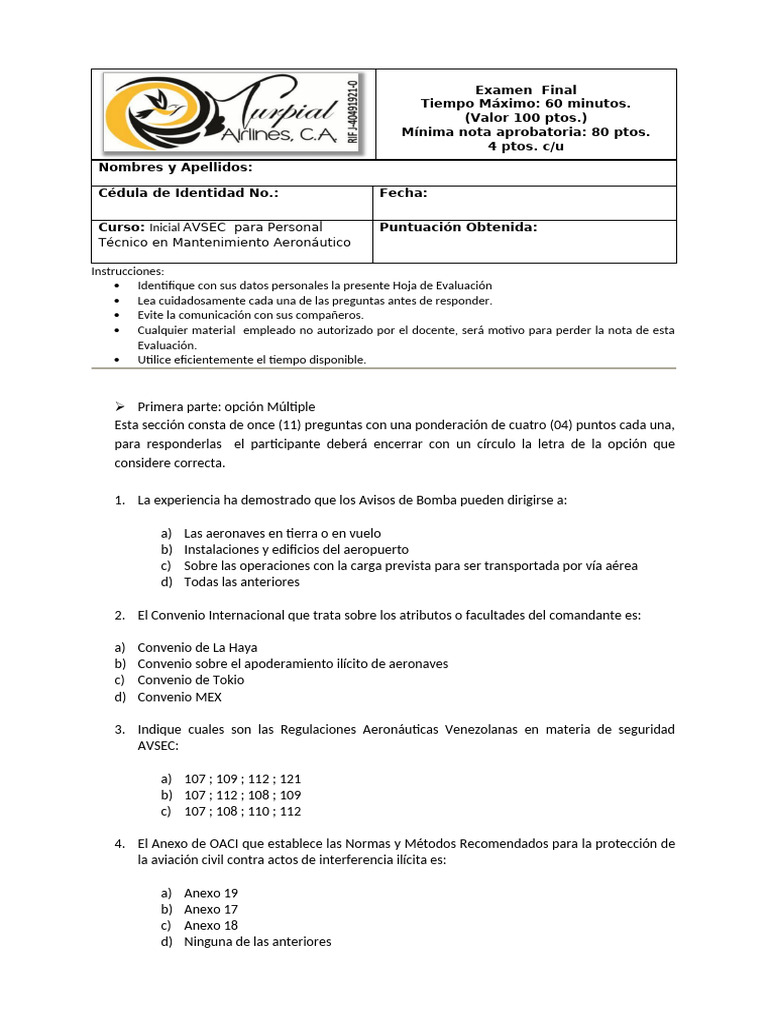 Examen Final Inicial TMA | PDF | Aeropuerto | Aviación