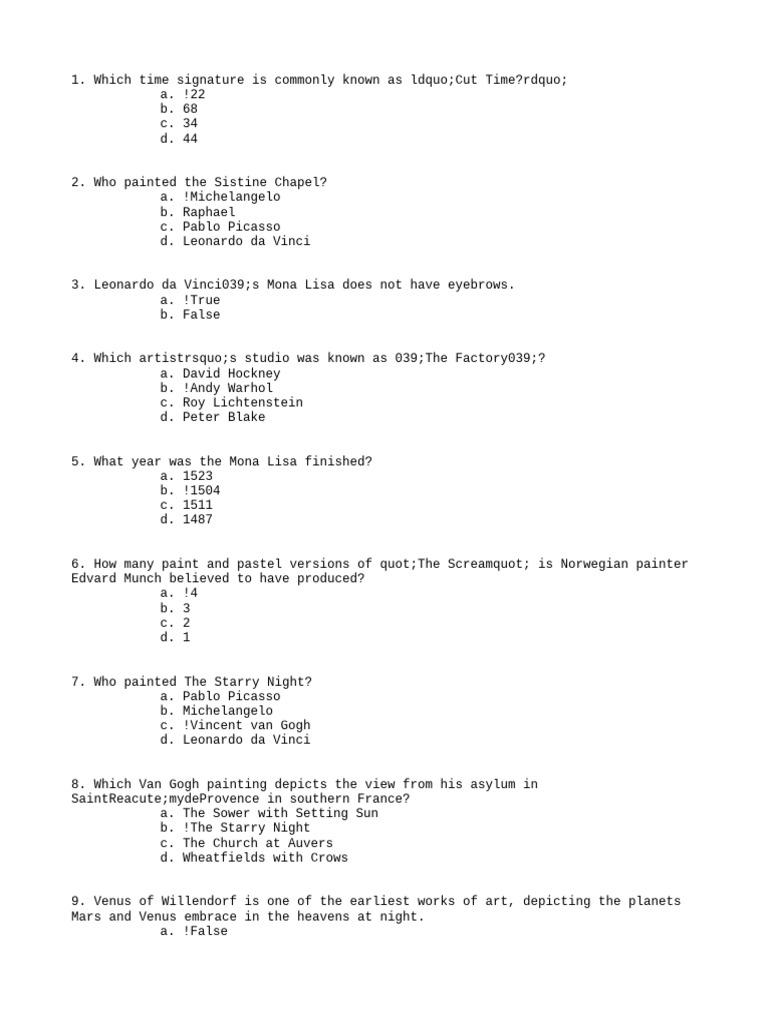 Art and History Quiz Questions | PDF | Michelangelo | Paintings