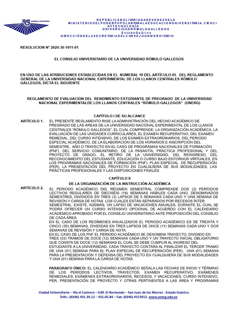 Unerg Reglamento de Evaluacion Estudiantil | PDF | Plan de estudios | Evaluación