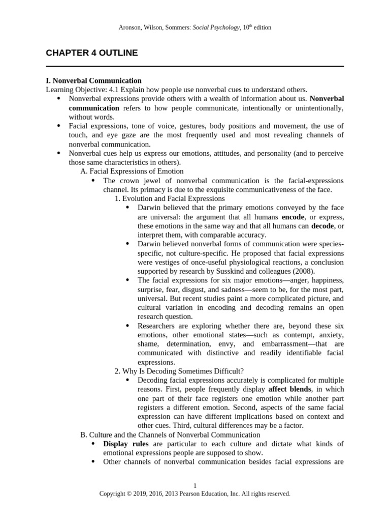SOC 10e CH 4 OUTLINE | PDF | Nonverbal Communication | Facial Expression