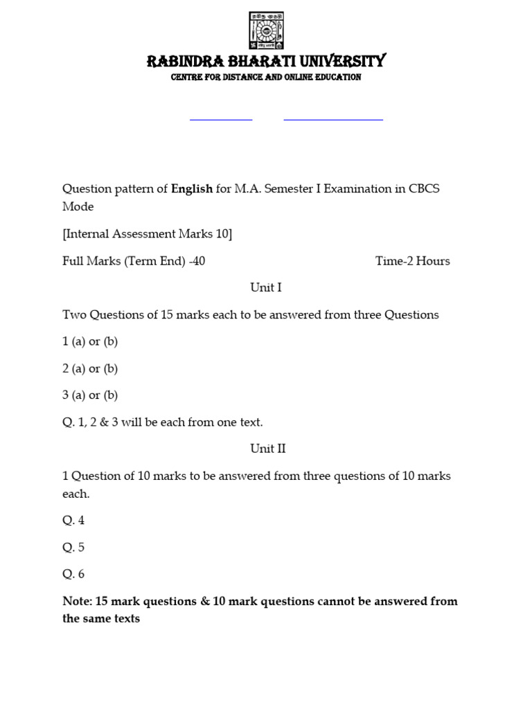 Question Pattern For English of Semester I CBCS Mode | PDF