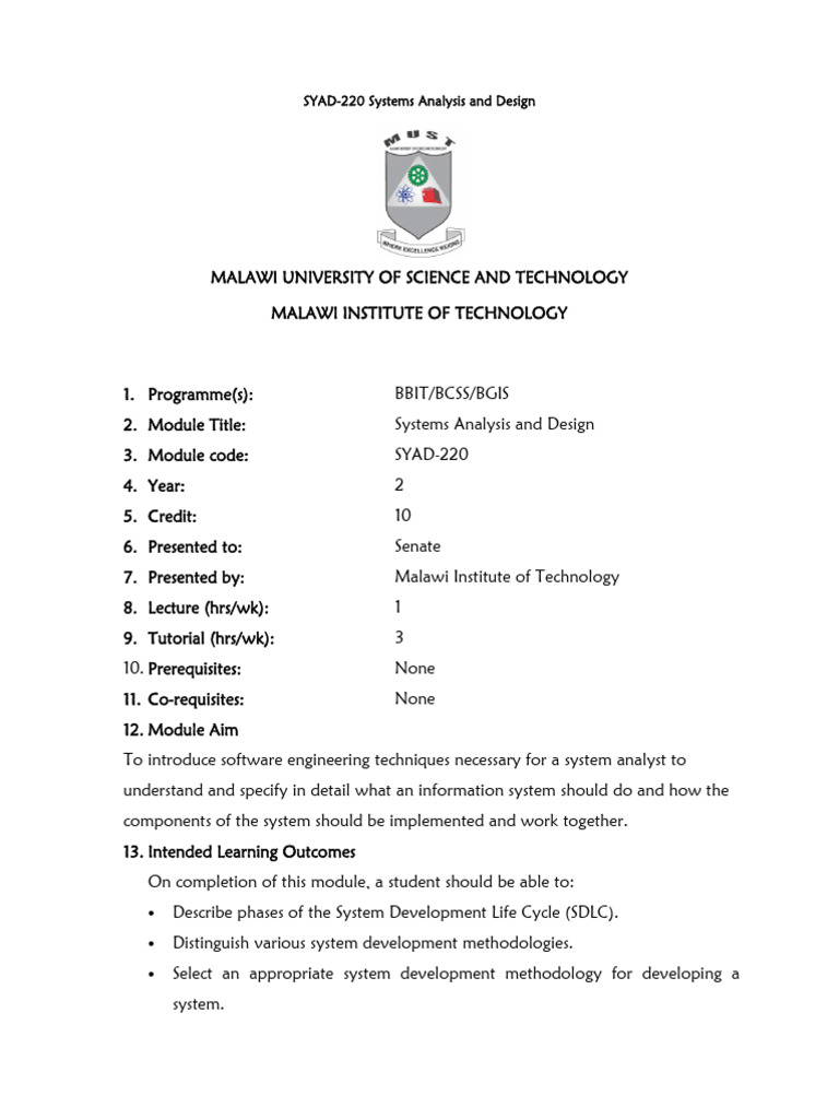 SYAD-220 Systems Analysis Design Module Outline | PDF | Use Case | Data ...