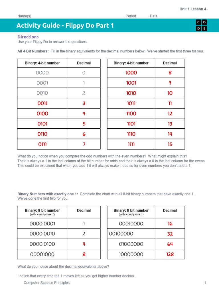 Activity Guide - Flippy Do PT 1 - Unit 1 Lesson 4 | PDF | Numbers | Bit