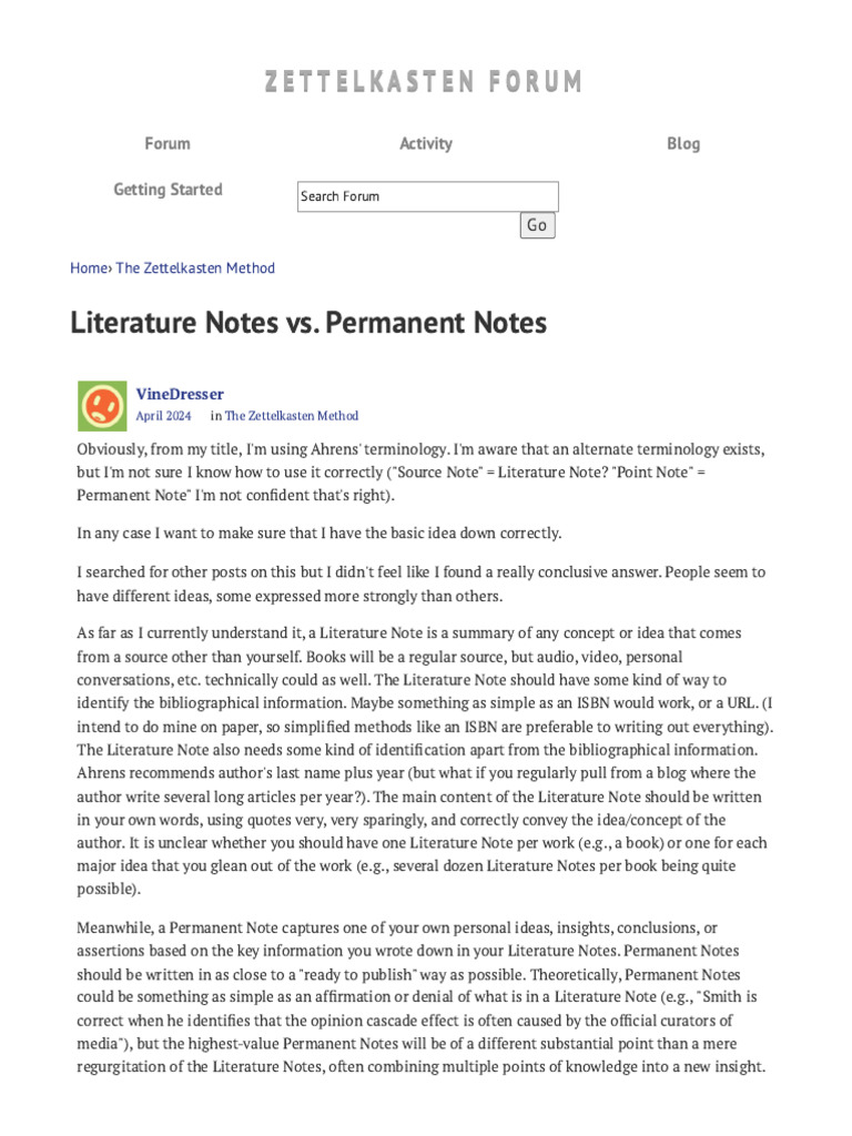 Literature Notes Vs Permanent Notes — Zettelkasten Forum Pdf Thought Concept