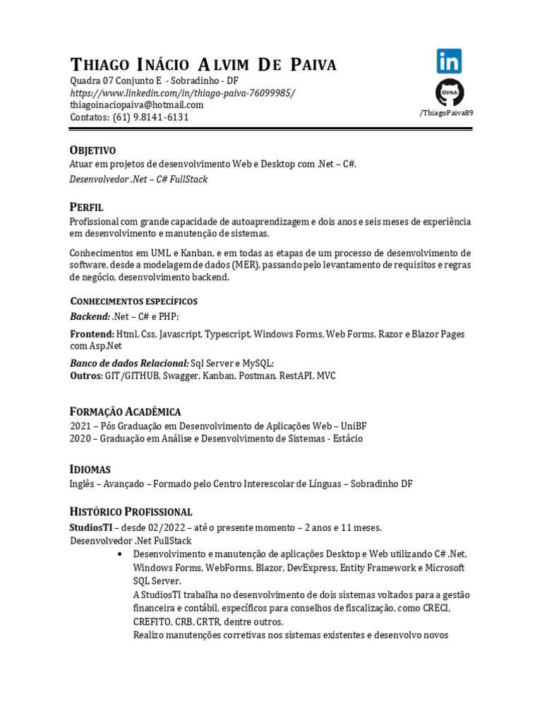 THIAGO INACIO ALVIM DE PAIVA - Curriculo-2 | PDF | Microsoft SQL Server | C Sharp (linguagem de ...