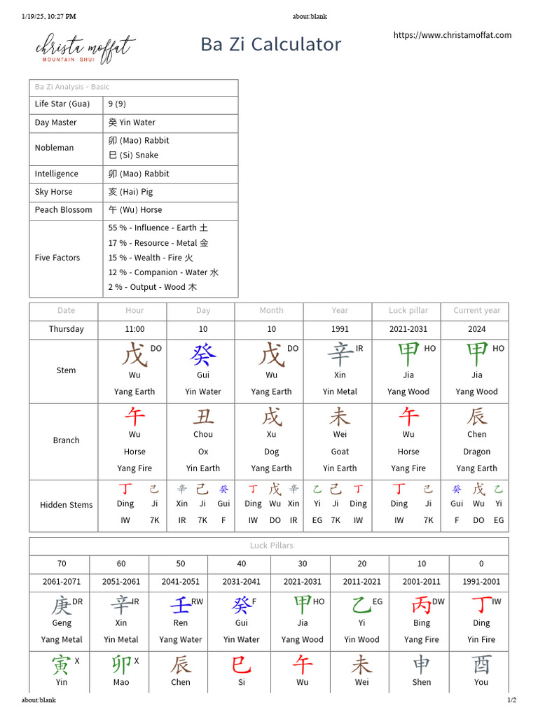 Ba Zi Calculator and Analysis Tool | PDF