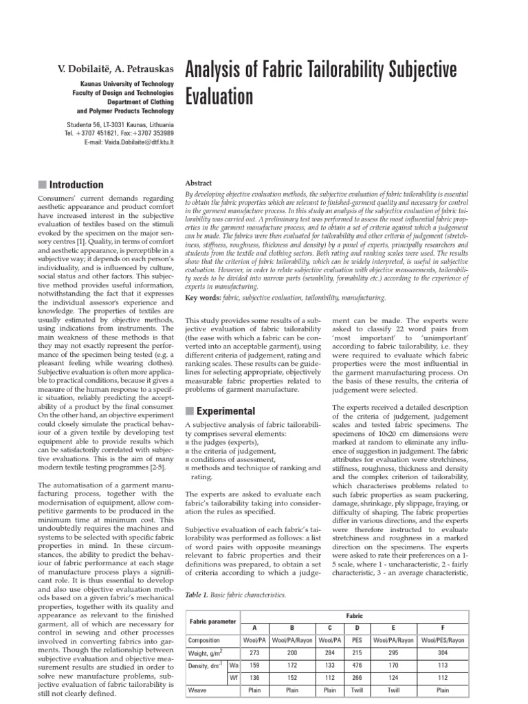 Analysis of Fabric Tailor Ability Subjective Evaluation | PDF ...