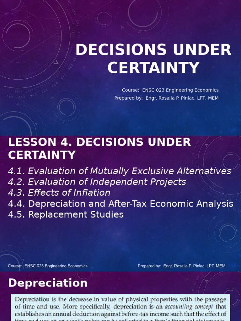Lesson 4.4 4.5 Decisions Under Certainty Pinlac | PDF | Depreciation | Tax Deduction