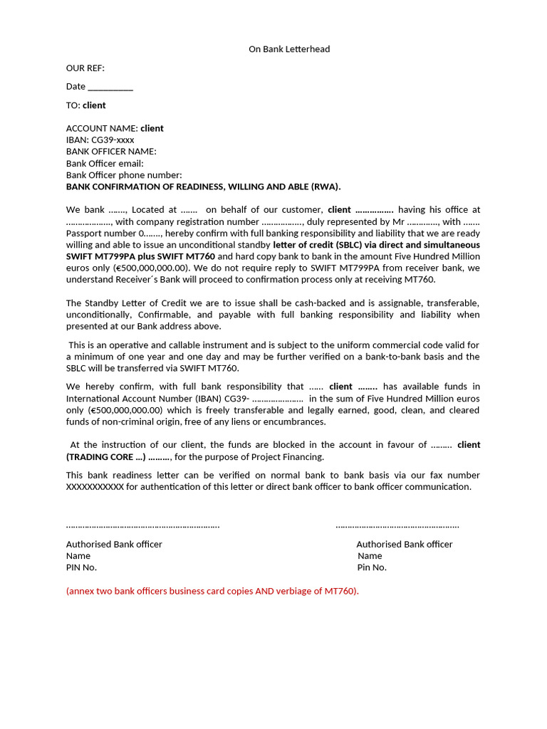 0 RWA SBLC Example Not RMA Swift MT799PA +MT760 | PDF | Banks | Letter ...