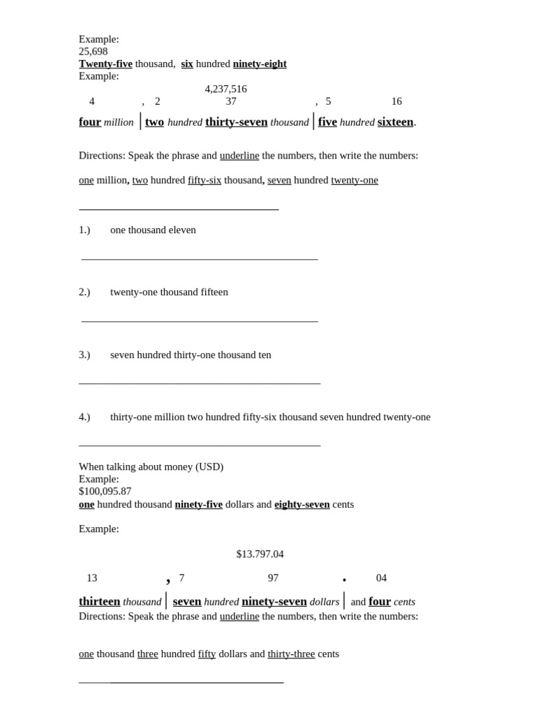 Listening and Writing Large Numbers | PDF