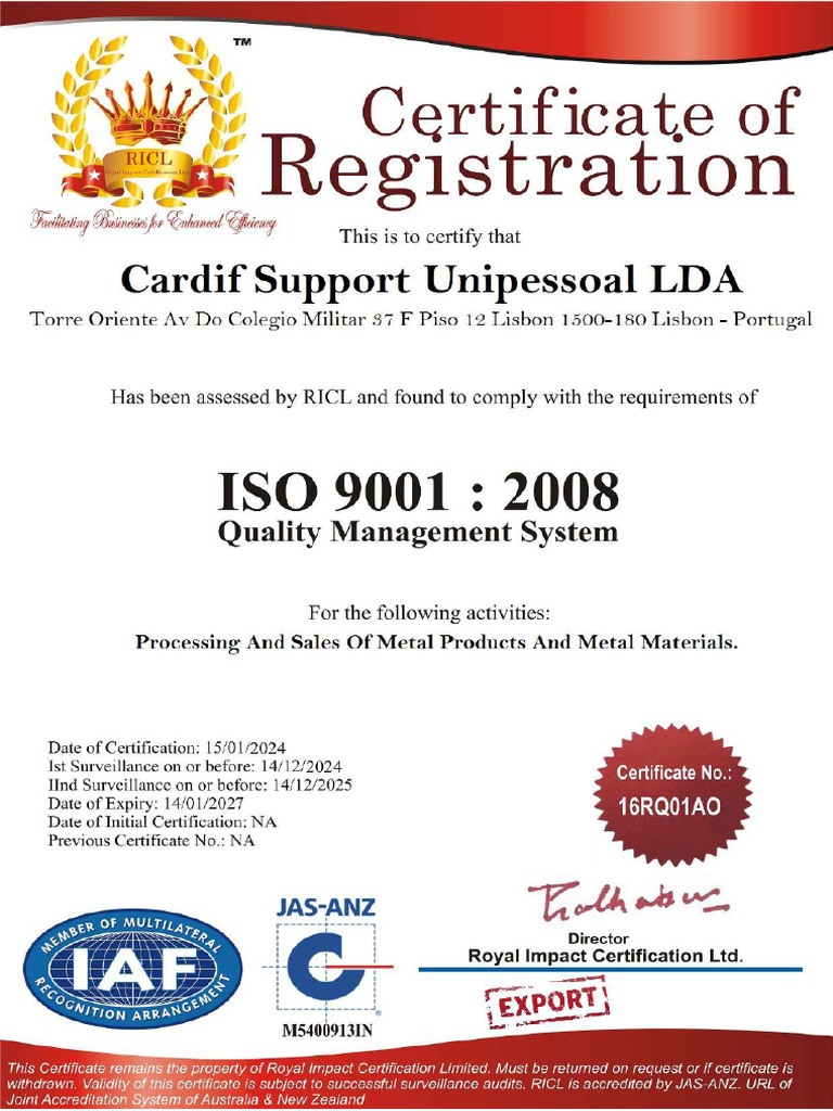 ISO Certification (CARDIF) | PDF