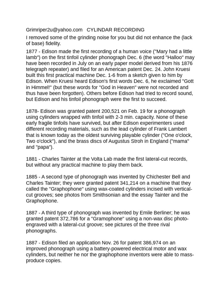 Information about - cylinders | PDF | Phonograph | Sound Recording