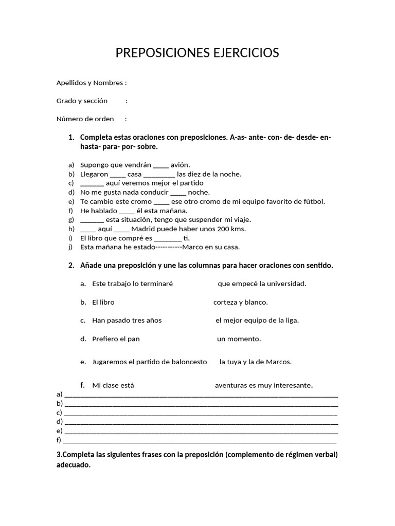 PREPOSICIONES EJERCICIOS | PDF