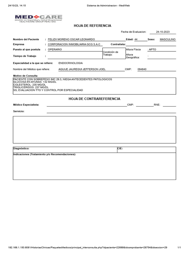 Evaluación Médica: Referencia a Endocrinología | PDF