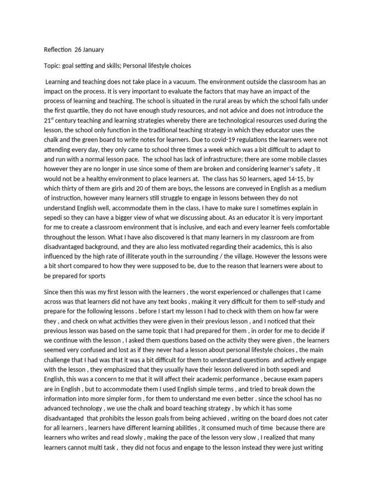 Lesson Plan Reflection, 26 Jan Lesson - 095134 | PDF | Teaching Method ...