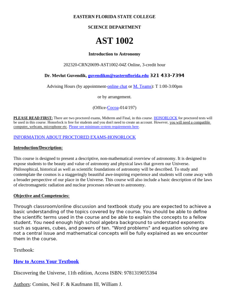 Guvendik Syllabus AST 1002 04Z 20699 202320 | PDF | Academic Dishonesty | Quiz