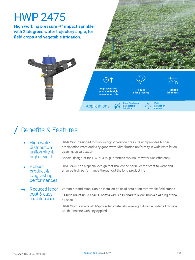 Netafim HWP 2475 Product Sheet | PDF | Filtration | Irrigation