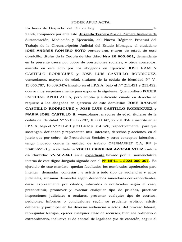 Poder APUD ACTA JOSE ANDRES ROMERO Y DILIGENCIA | PDF | Documento de identidad | Ley procesal