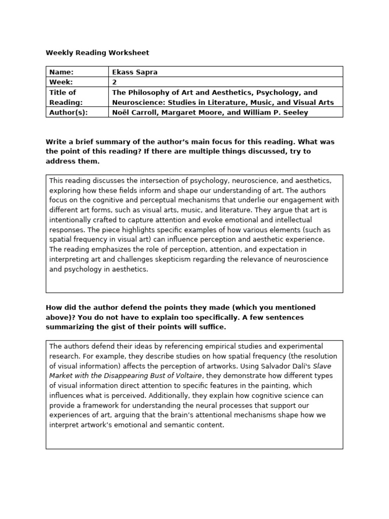 Weekly Reading Worksheet Template | PDF | Perception | Attention