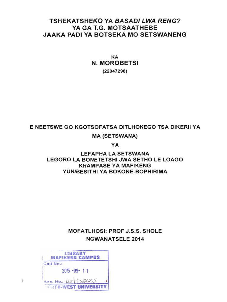 Tshekatsheko ya Basadi lwa Reng | PDF | Languages Of Africa