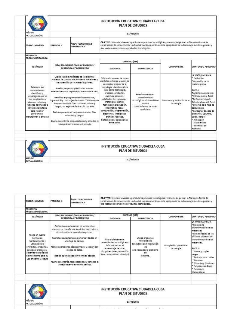 FORMATO PLAN DE ESTUDIOS INECICU 2025.xlsx - Grado 9° | PDF | Microsoft Excel | Plan de estudios