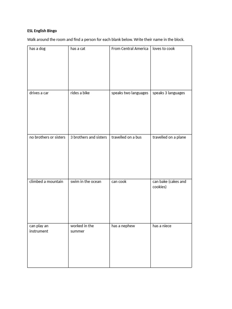 ESL Bingo Card | PDF