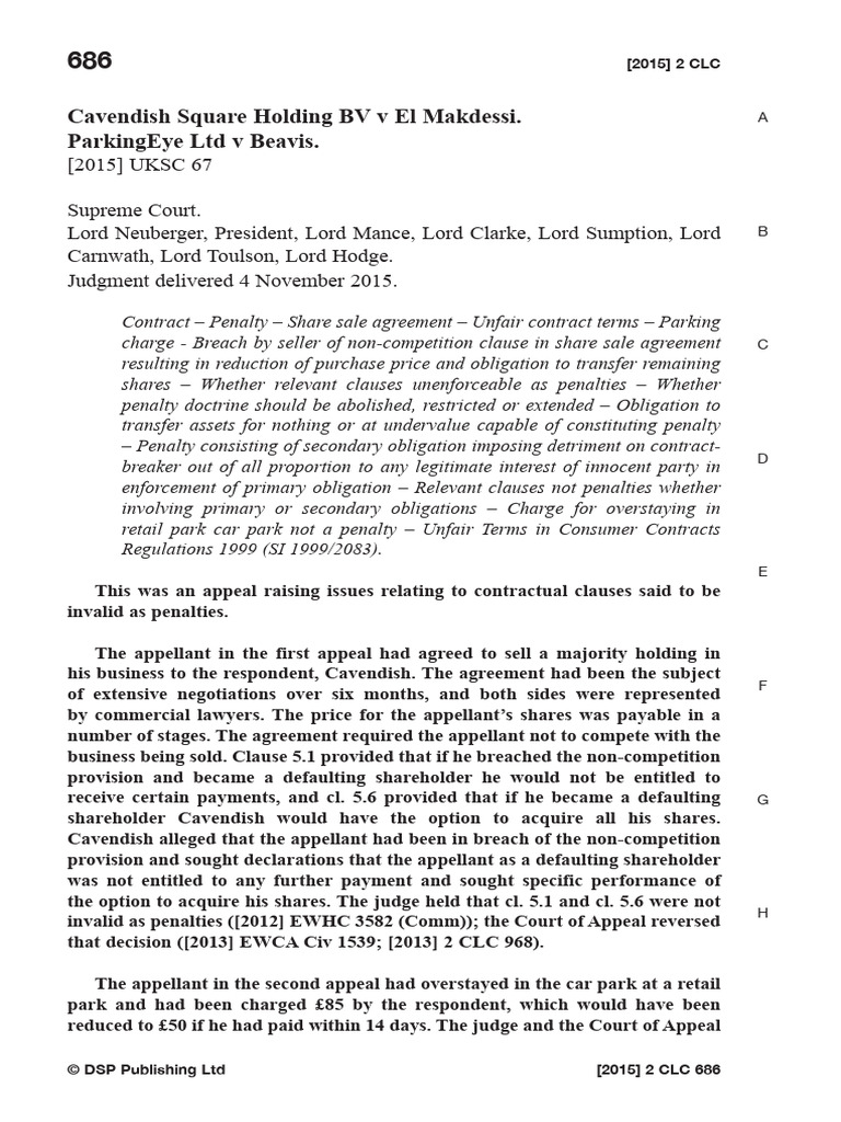Cavendish Square Holding BV V Makdessi (2015) 2 C.L.C. 686 | PDF | Common Law | Private Law