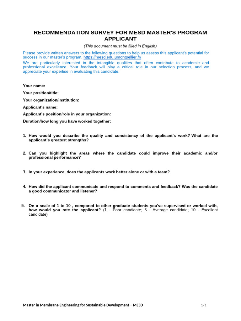 MESD Master's Program Recommendation Survey | PDF