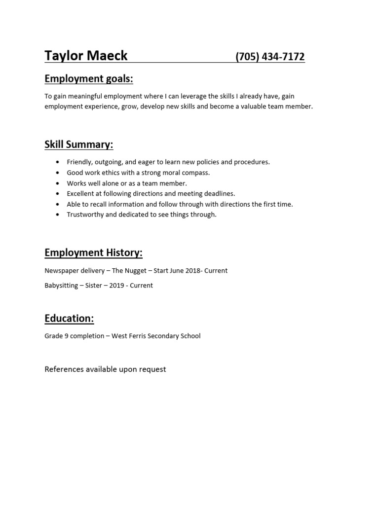 Taylor Maeck's Employment Resume | PDF